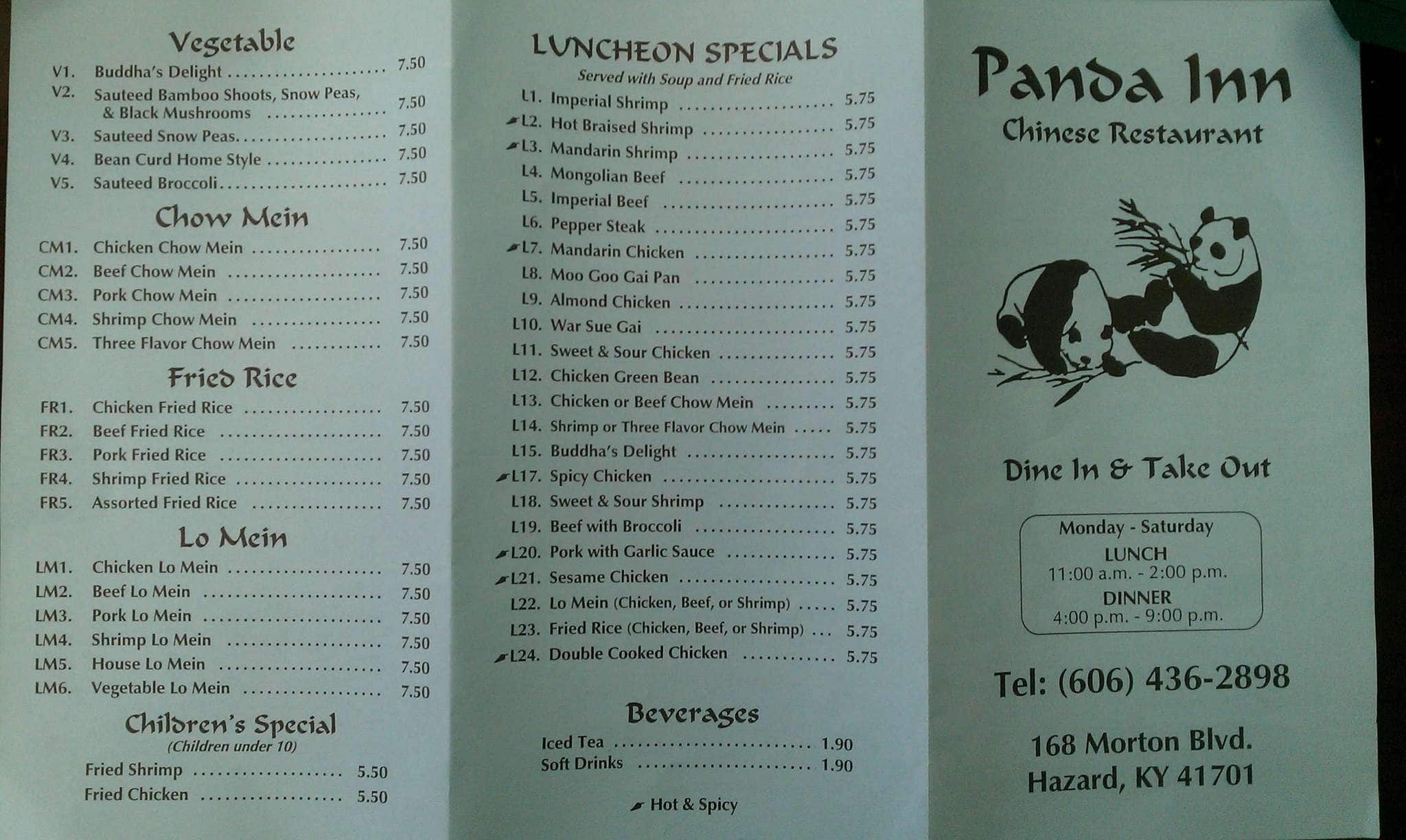 Menu at Panda Inn restaurant, Hazard