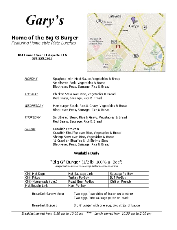 Menu at Gary's- Breakfast-Burgers & Plate Lunches restaurant, Lafayette