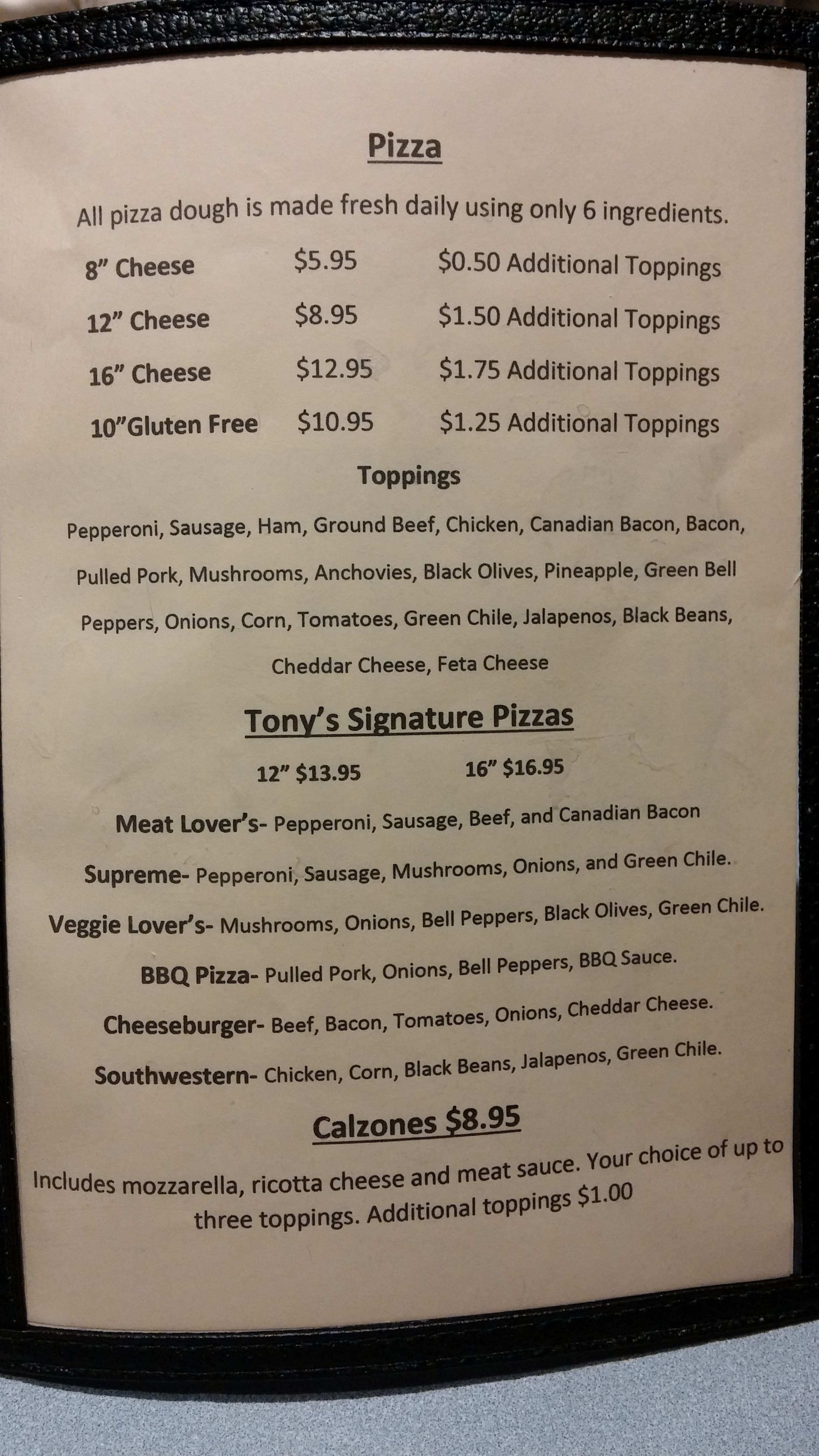 Menu at Tony's Pizza pizzeria, Moriarty, 5 Carl Cannon Ranch Rd