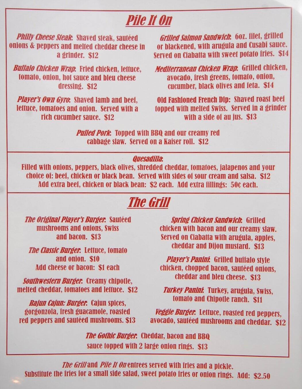 Menu at Players Waterfront Eatery pub & bar, Lake Placid