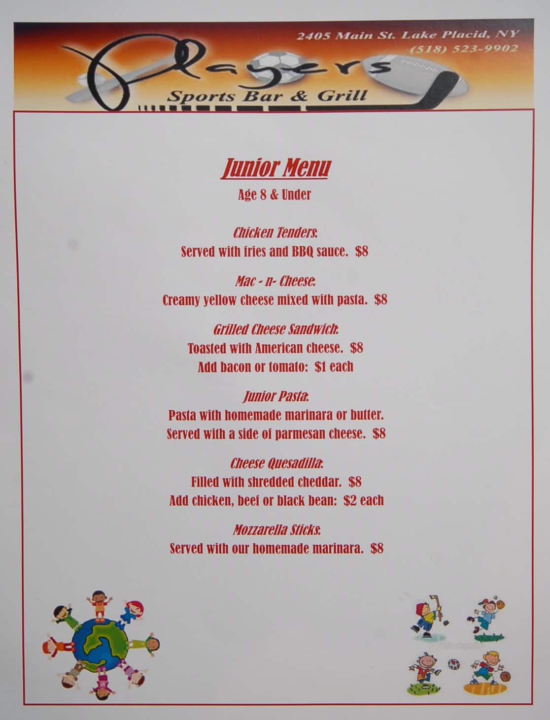 Menu at Players Waterfront Eatery pub & bar, Lake Placid