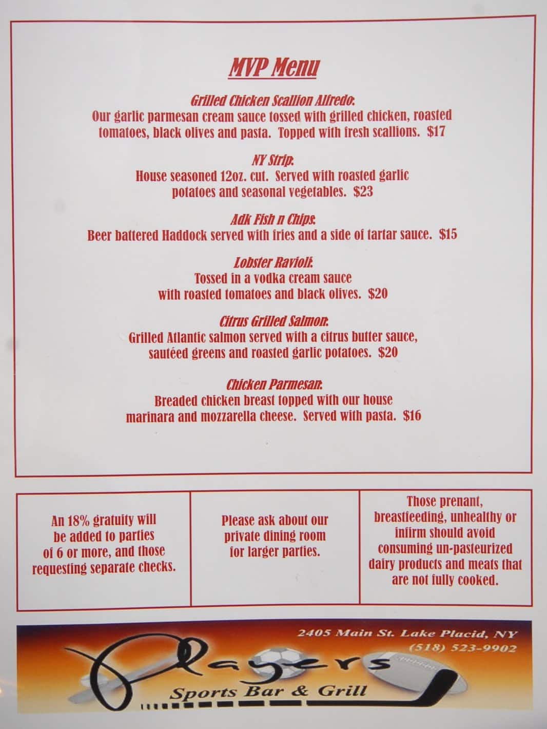 Menu at Players Waterfront Eatery pub & bar, Lake Placid