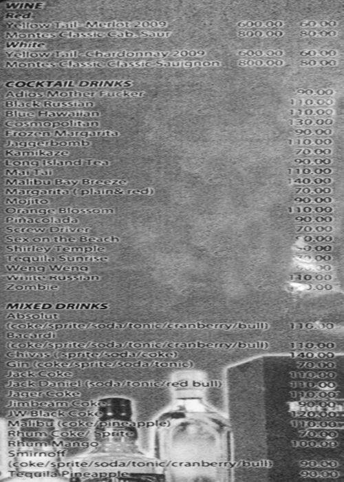 Menu at HYPE club, Cebu City