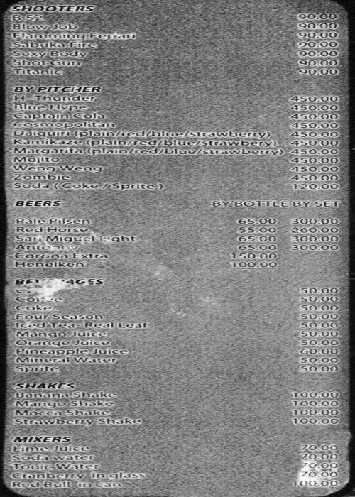 Menu at HYPE club, Cebu City