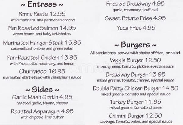 Menu at Cafe De Broadway, New York City, Broadway
