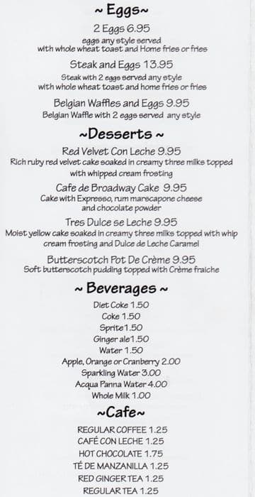 Menu at Cafe De Broadway, New York City, Broadway