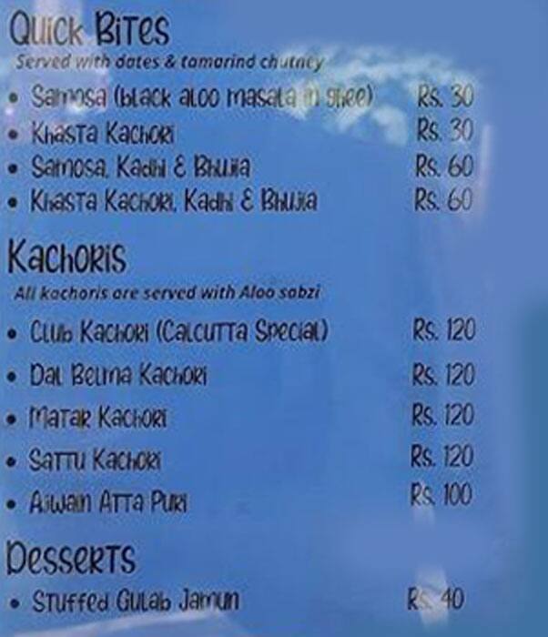 Menu of Kachori Club, Kondapur, Hyderabad