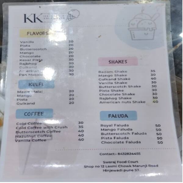 Menu of K K Ice Cream & Cold Drinks, Hinjawadi, Pune