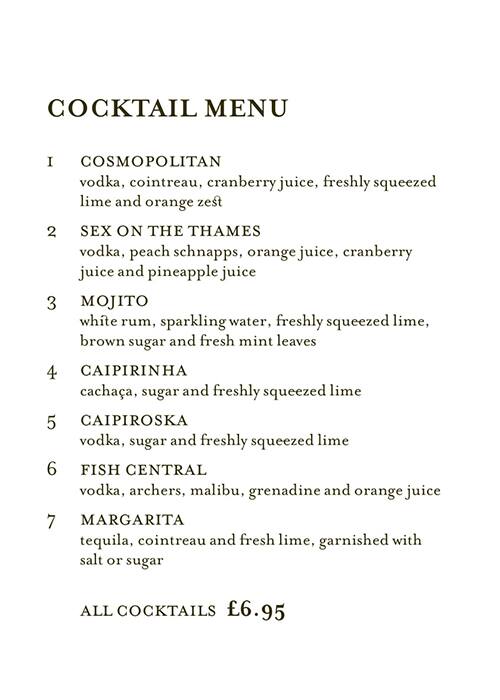 Menu at Fish Central restaurant, London