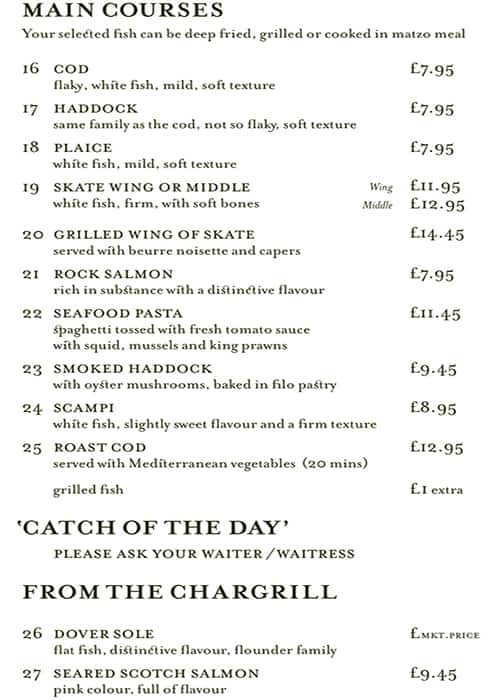 Menu at Fish Central restaurant, London
