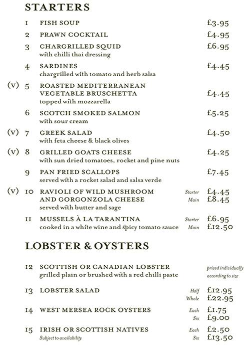 Menu at Fish Central restaurant, London