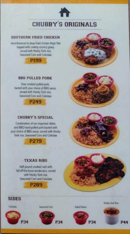 Menu at Chubby's restaurant, Makati, Solaris One