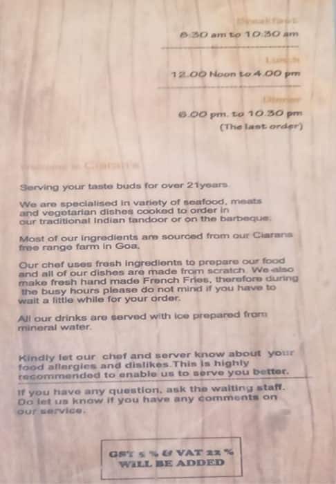 Menu of Ciarans, Palolem, Goa