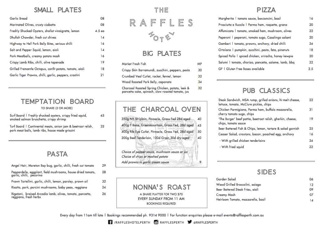 Raffles Hotel Perth Menu, Menu for Raffles Hotel Perth, Mount Pleasant ...