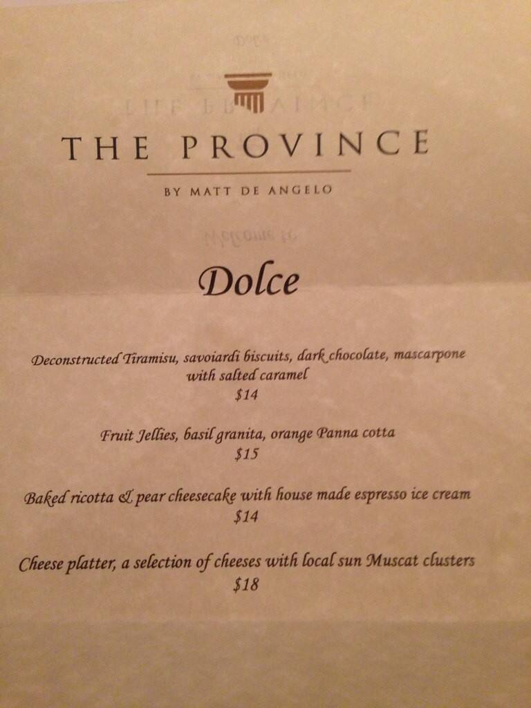 Menu at The Province restaurant, Mildura