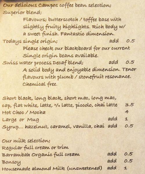 Menu at Commune Cafe, Burleigh Heads