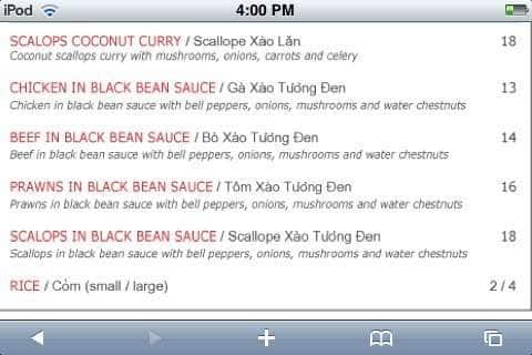 Menu at Red Lotus restaurant, Kelowna