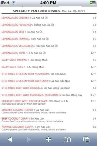 Menu at Red Lotus restaurant, Kelowna