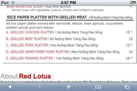 Menu at Red Lotus restaurant, Kelowna