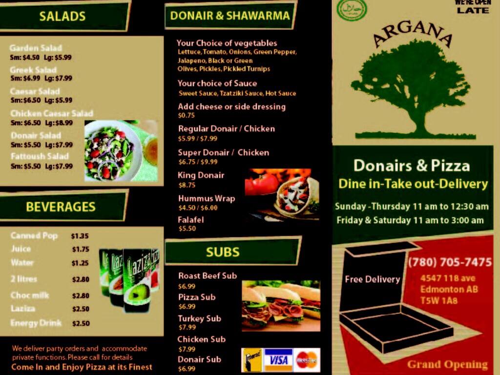 Menu at Argana Donair pizzeria, Edmonton