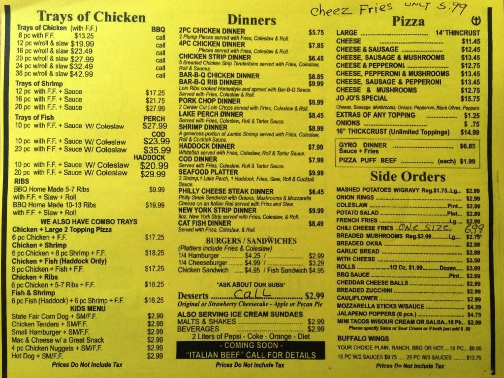 Menu at JoJo's Fried Chicken pizzeria, Milwaukee, S 31st St