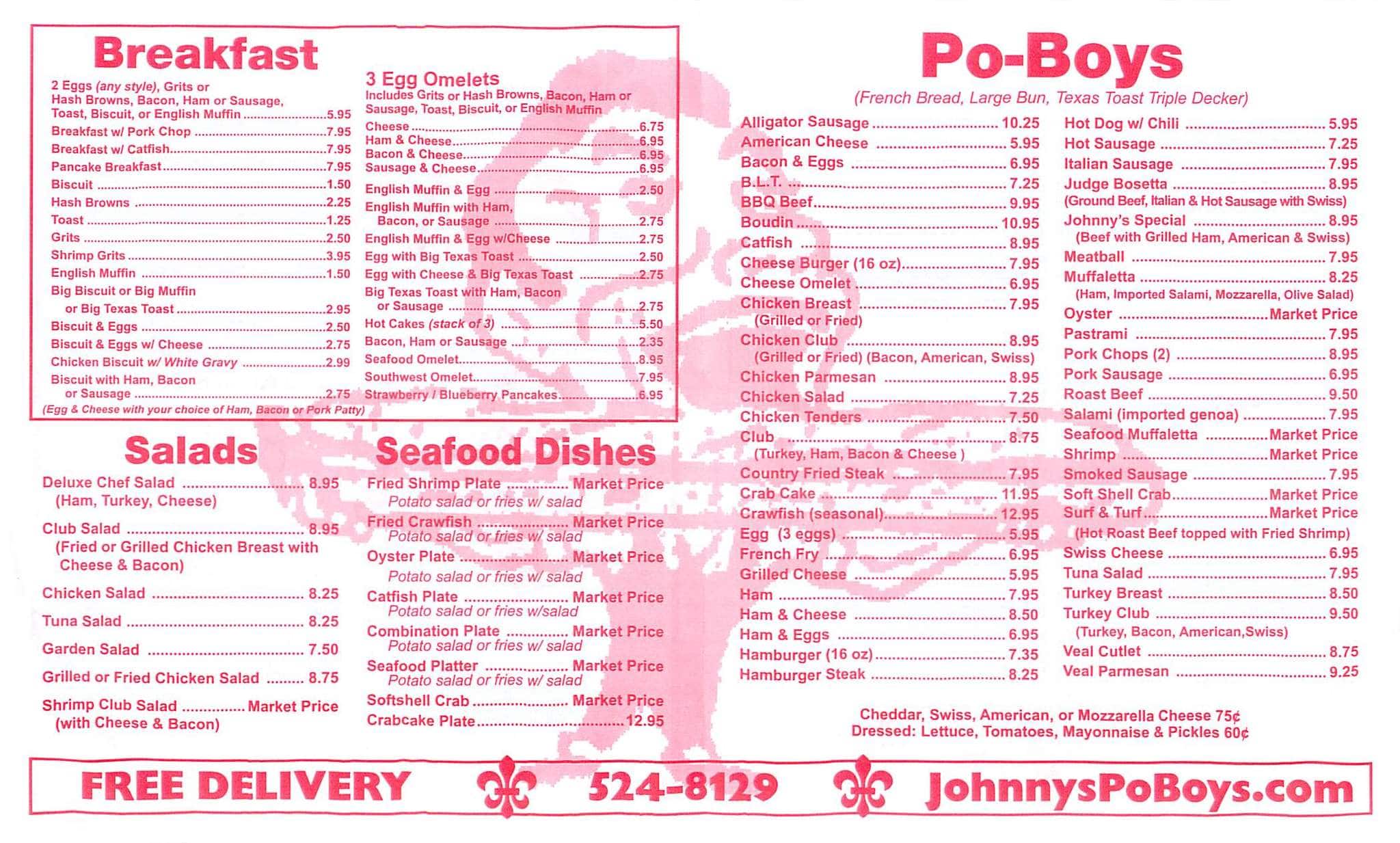 Menu at Johnny’s Po-Boys fast food, New Orleans