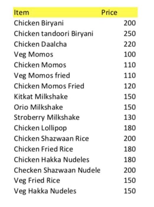 Menu of Zaitoon, Undri, Pune