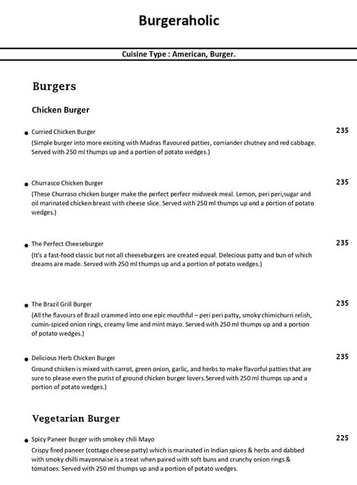 Menu of Burgeraholic, Khar, Mumbai