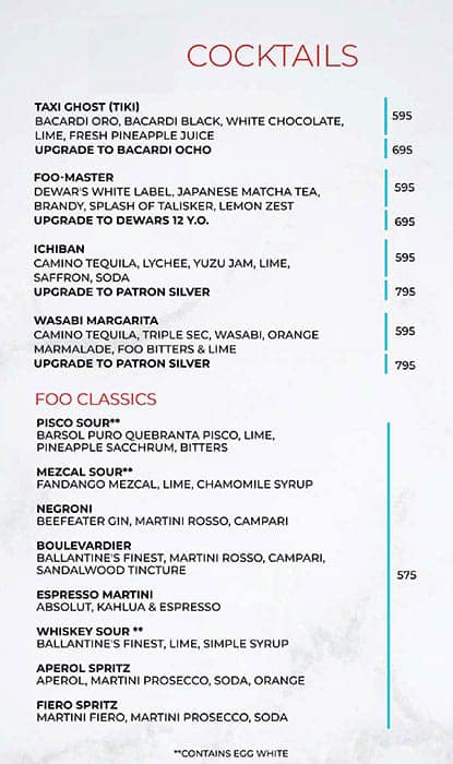 Menu at Foo Bandra, Mumbai