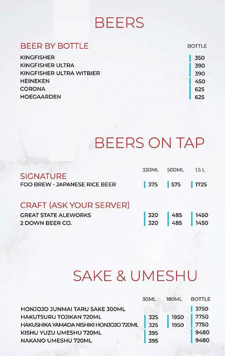 Menu at Foo Bandra, Mumbai