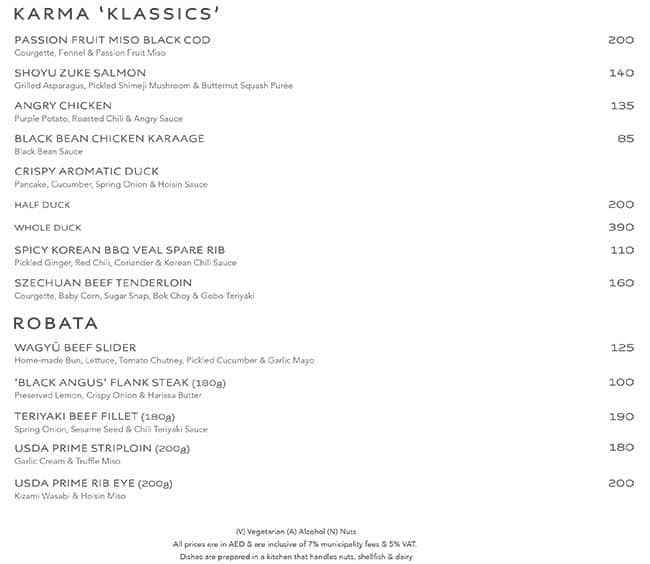 Menu at Karma Kafé restaurant, Dubai