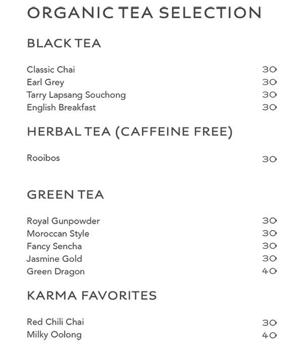 Menu at Karma Kafé restaurant, Dubai