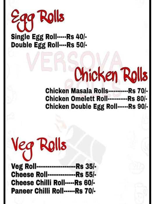 Menu of Versova Rolls, Versova, Andheri West, Mumbai