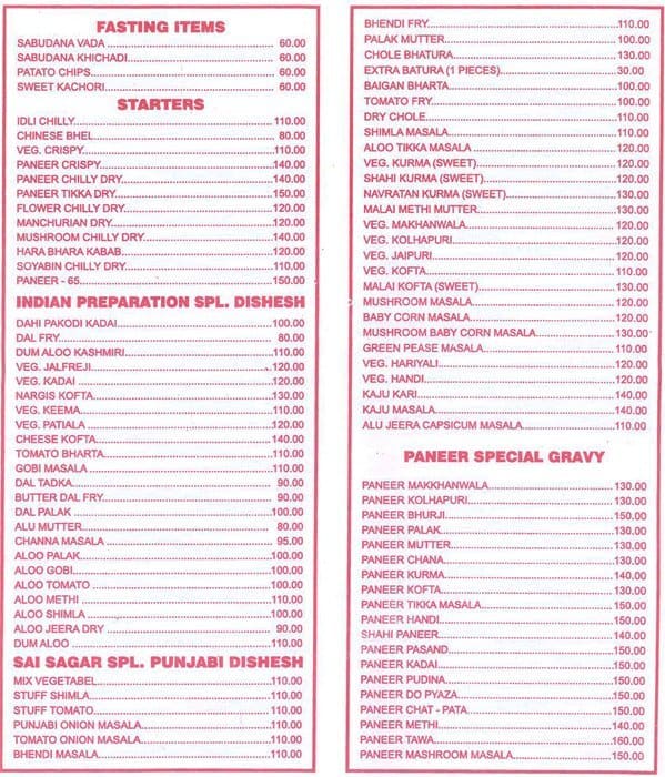 Sai Sagar Fast Food Menu, Menu for Sai Sagar Fast Food, Veera Desai ...