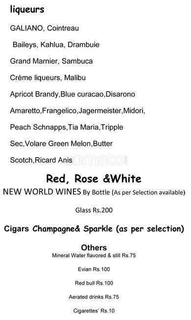 Menu at Elevate, Noida