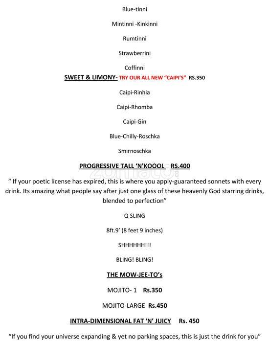 Menu at Elevate, Noida