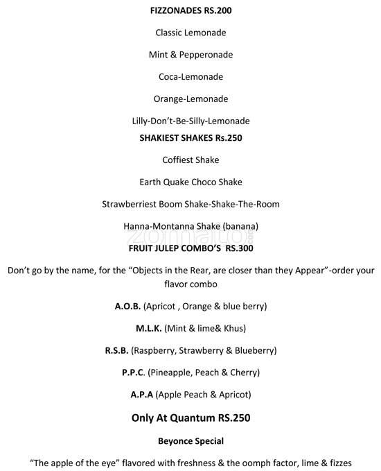 Menu at Elevate, Noida