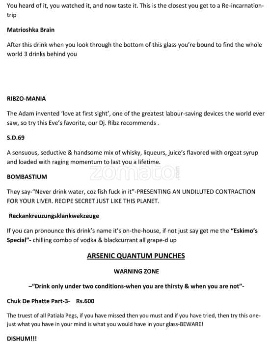 Menu at Elevate, Noida