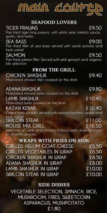 Menu at Pasha restaurant, London, 158 Camberwell Rd