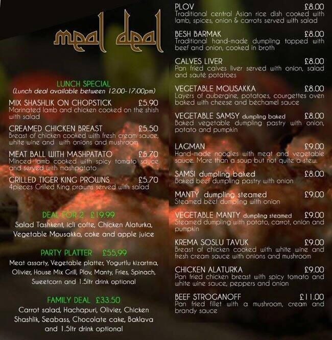 Menu at Pasha restaurant, London, 158 Camberwell Rd