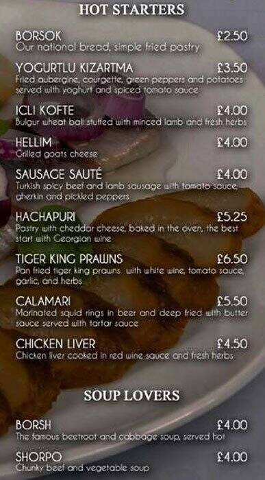 Menu at Pasha restaurant, London, 158 Camberwell Rd