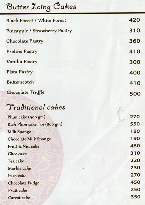 Menu at Best Bakers, Kochi, KP Vallon Road
