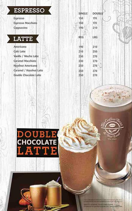 Menu at The Coffee Bean & Tea Leaf, Chandigarh, Hotel Aquamarine