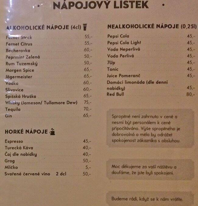 Меню ресторана Pivnice U kata, Прага