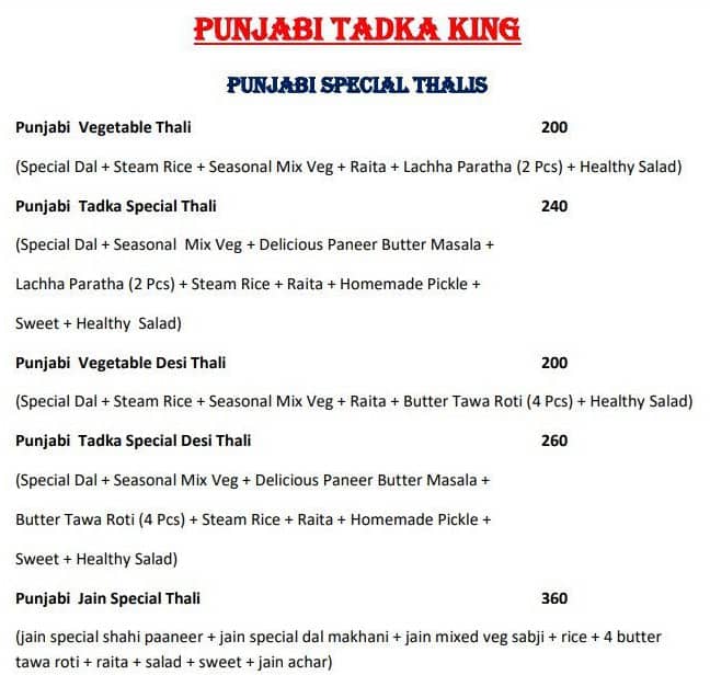 Menu of Punjabi Tadka King, Shyam Nagar, Jaipur