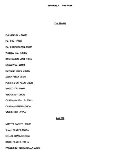 Menu of Nagpal's Fine Dine, Model Town, Patiala