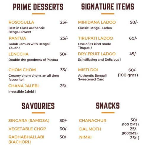 Menu of Hare Krishna Bengali Sweets, Peenya, Bangalore