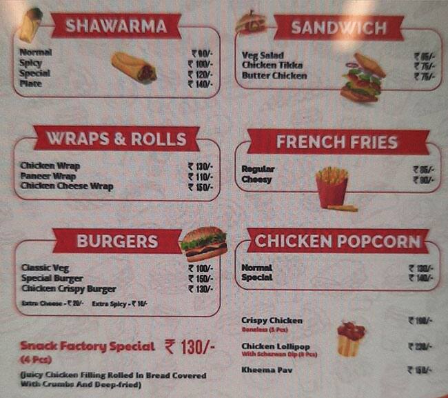 Menu of Snacks Factory, Navelim, Goa