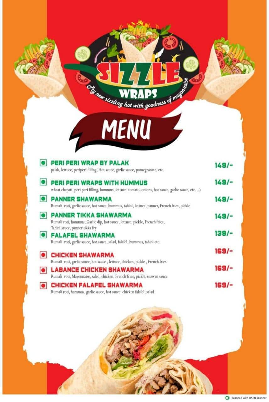 Menu of Sizzle Wrap, Film Nagar, Hyderabad