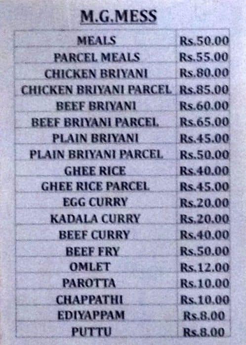 Menu at MG Kerala Mess, Coimbatore